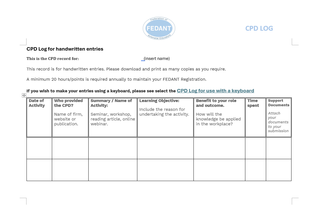 CPD Log for Hand-Written Entry | FEDANT
